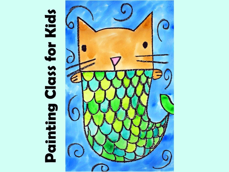 MERMAID CAT Kids Art Lesson Step-by-step Drawing & Watercolor Painting ...