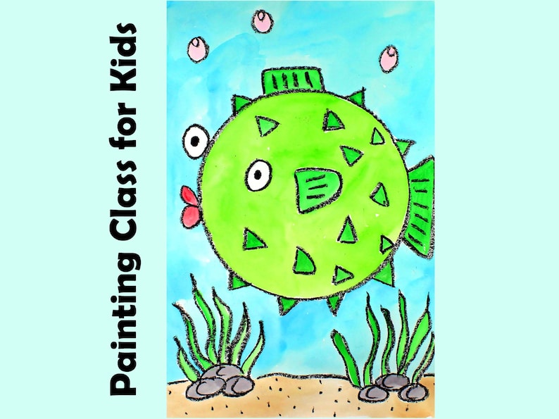 PUFFERFISH FISH | Kid's Video Art Lesson | Drawing & Watercolor ...