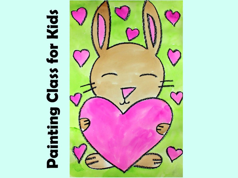 BUNNY AND HEARTS Kids Art Lesson Step-by-step Drawing & Watercolor ...