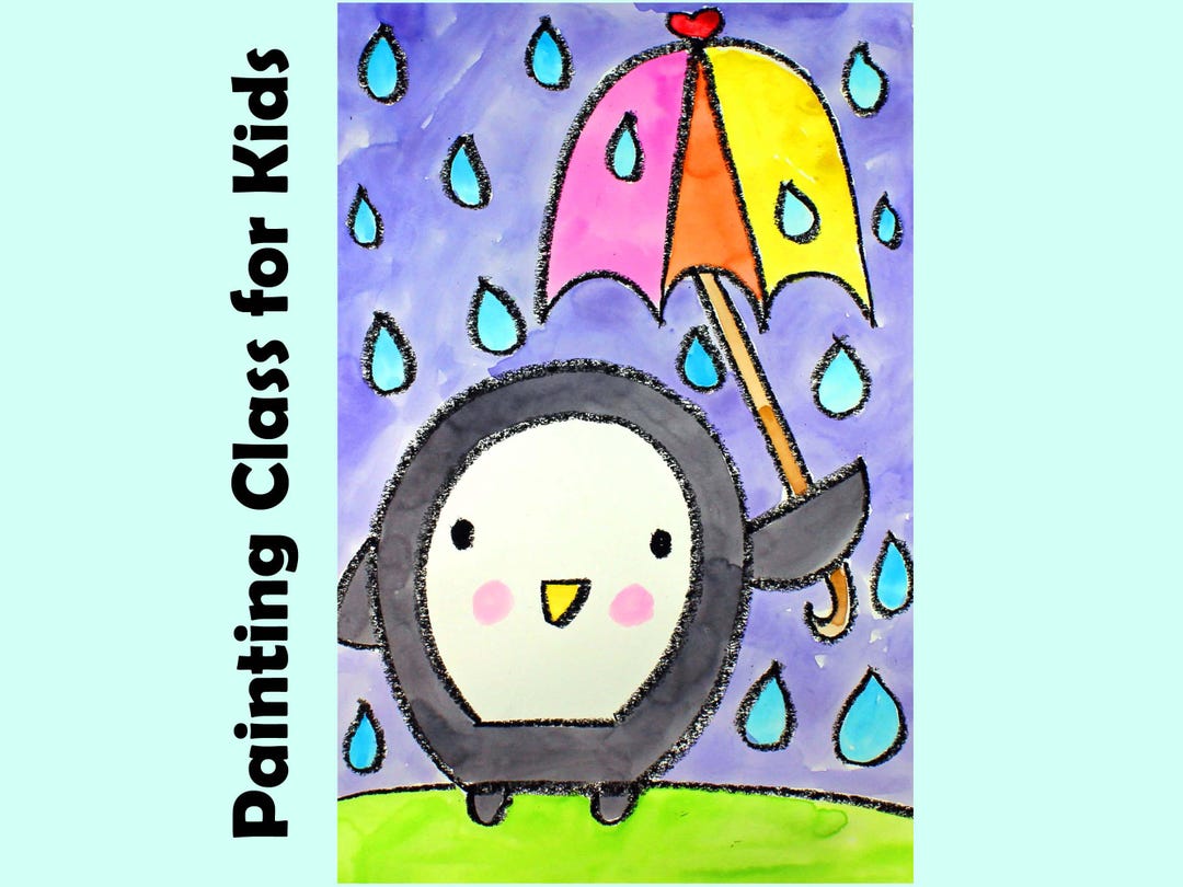 PENGUIN in the RAIN | Kid's Video Art Lesson | Drawing & Watercolor ...