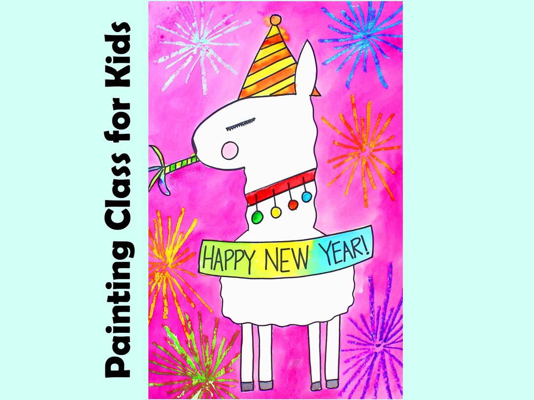 Happy New Year LLAMA | Kid's Video Art Lesson Drawing & Watercolor ...
