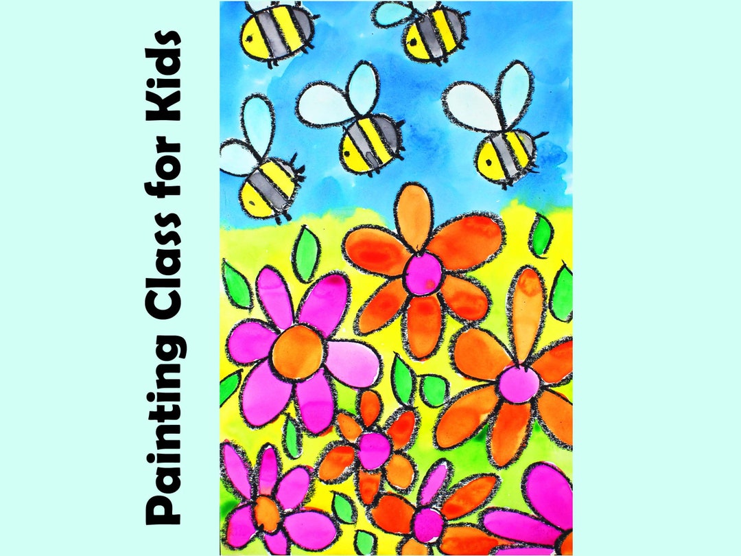 BEES in the GARDEN Kids Art Lesson Step-by-step Drawing & Watercolor ...