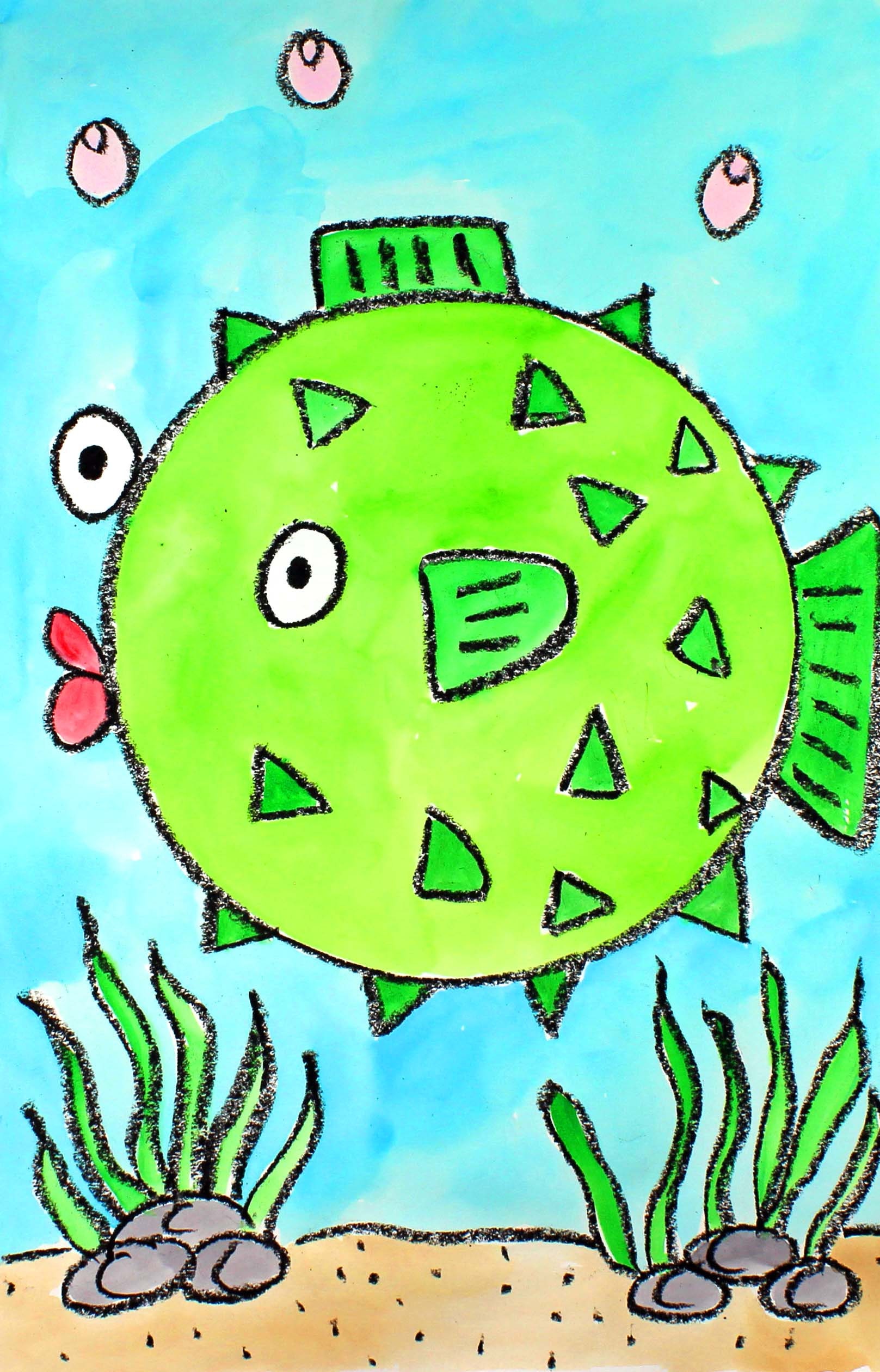 PUFFERFISH FISH Kid's Art Lesson Step-by-step Drawing & Watercolor ...