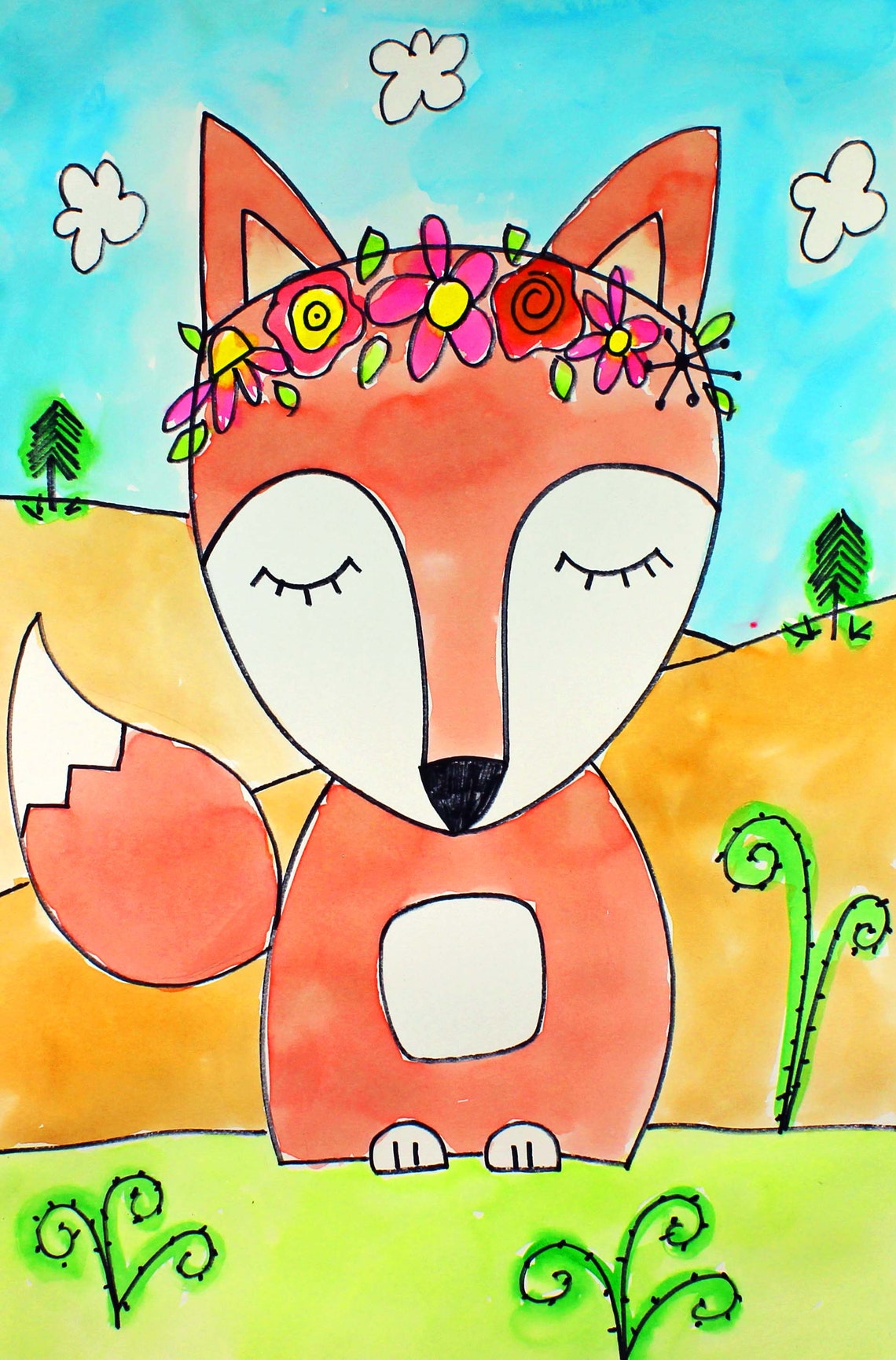 FOX in a FLOWER CROWN Kids Art Lesson Step-by-step Drawing & Watercolor ...