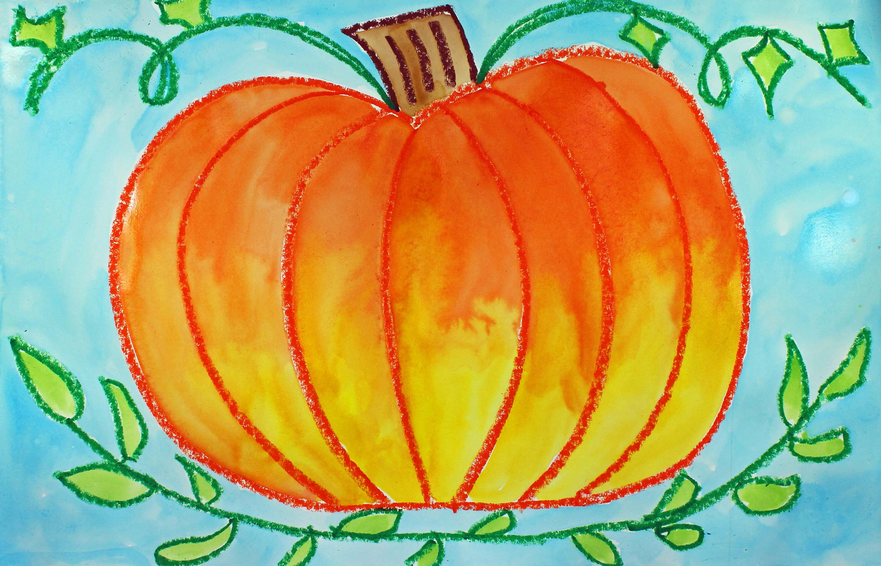 BIG PUMPKIN Kids Art Lesson Drawing & Watercolor Painting Project ...