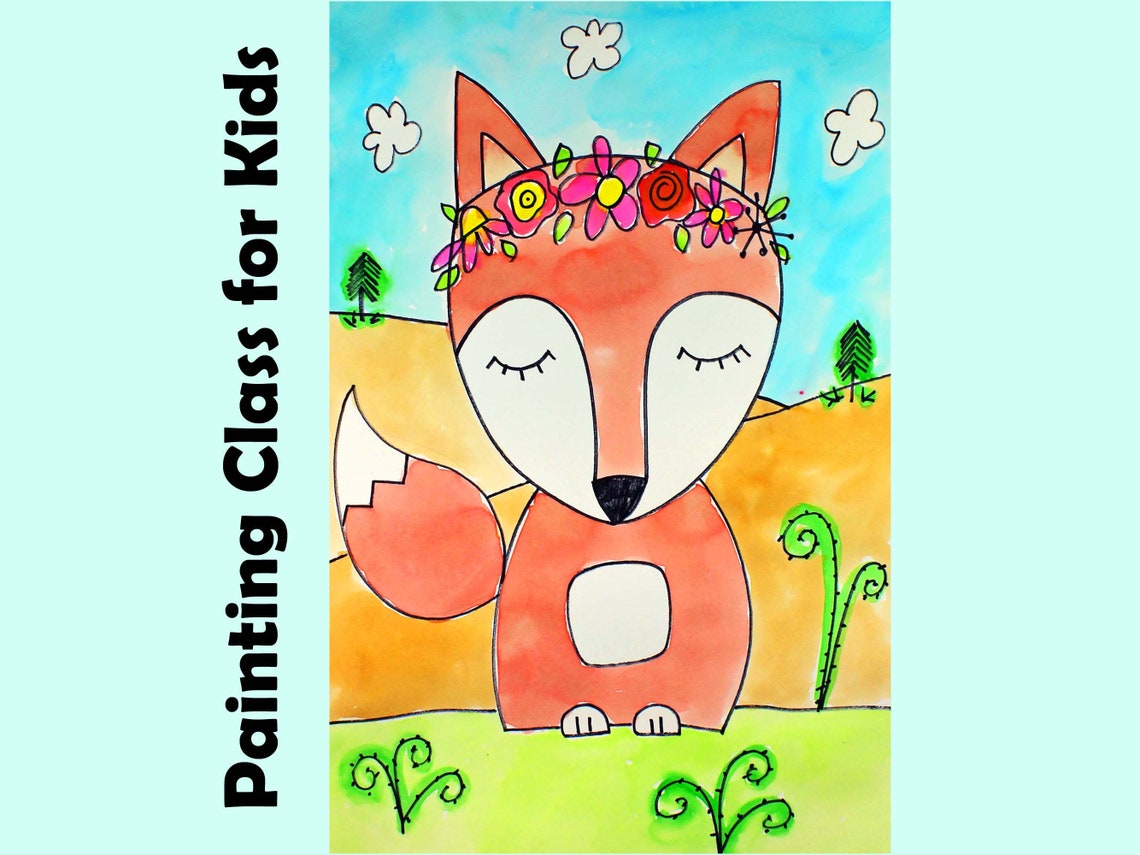 FOX in a FLOWER CROWN Kids Art Lesson Step-by-step Drawing & Watercolor ...