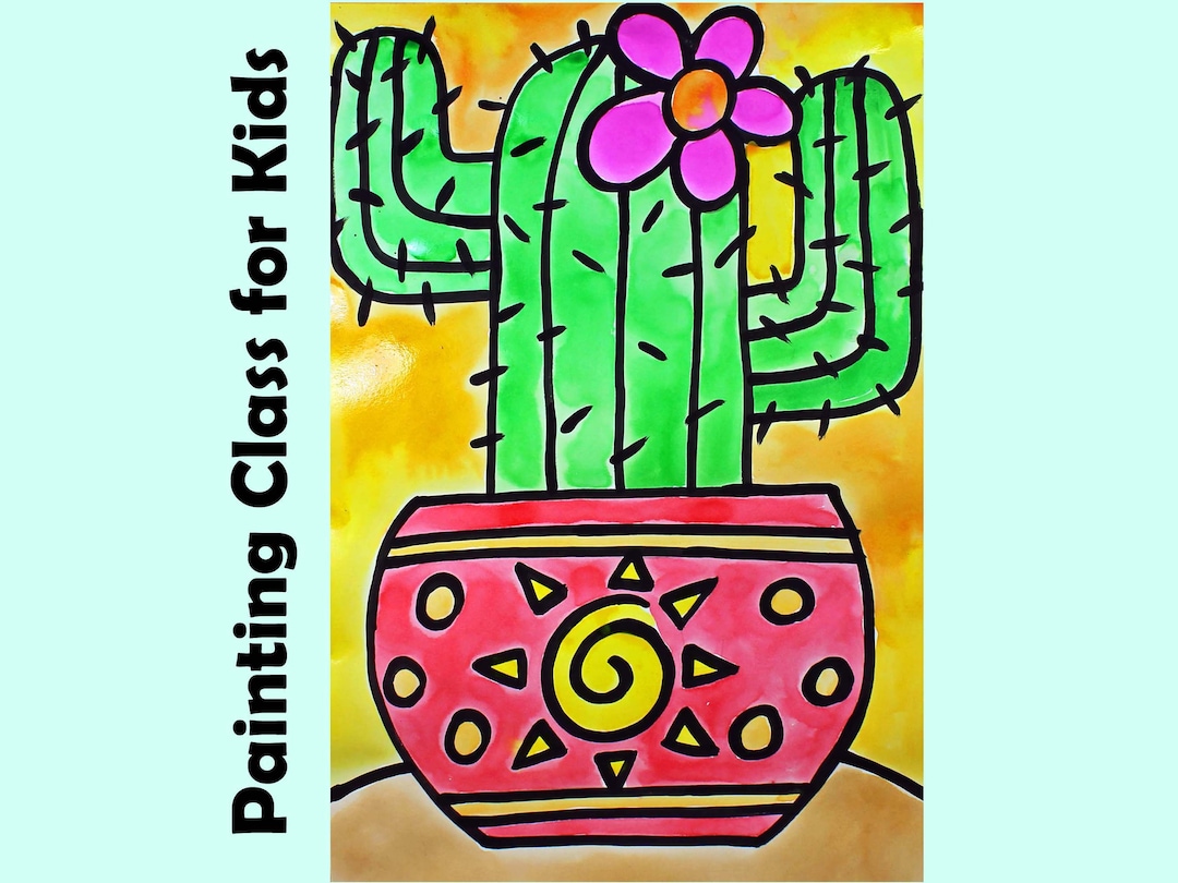 CACTUS in a SUN POT Kids Art Lesson Step-by-step Drawing and Painting ...
