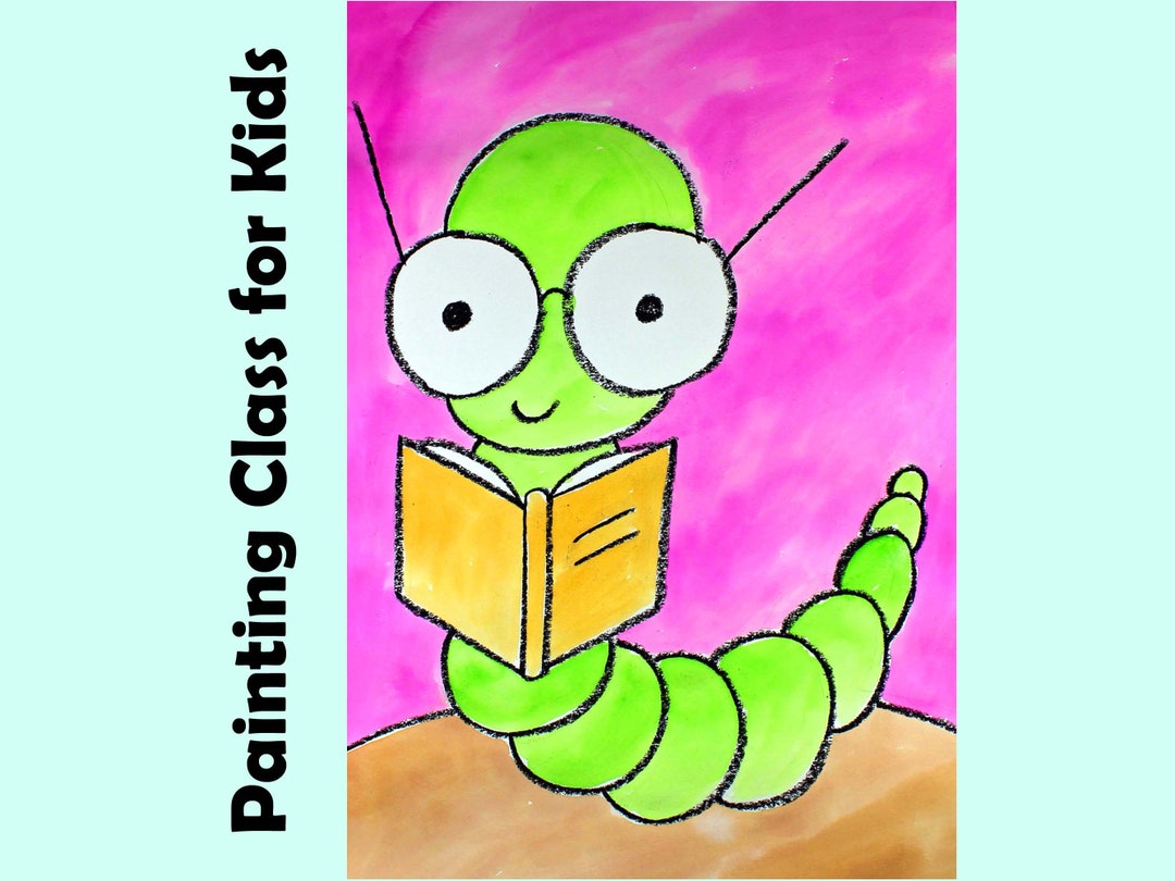 BOOKWORM READING a BOOK Kids Art Lesson Step-by-step Drawing ...