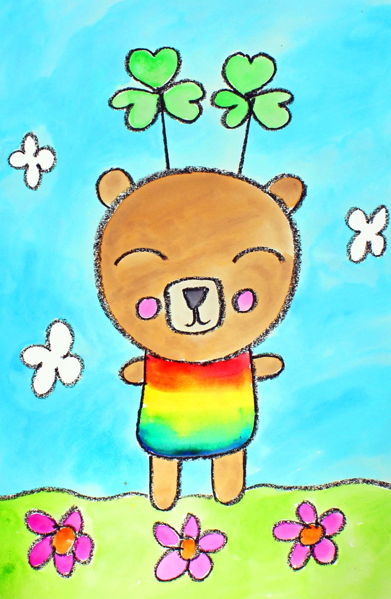 RAINBOW SHAMROCK BEAR | Kid's Video Art Lesson | Drawing & Watercolor ...