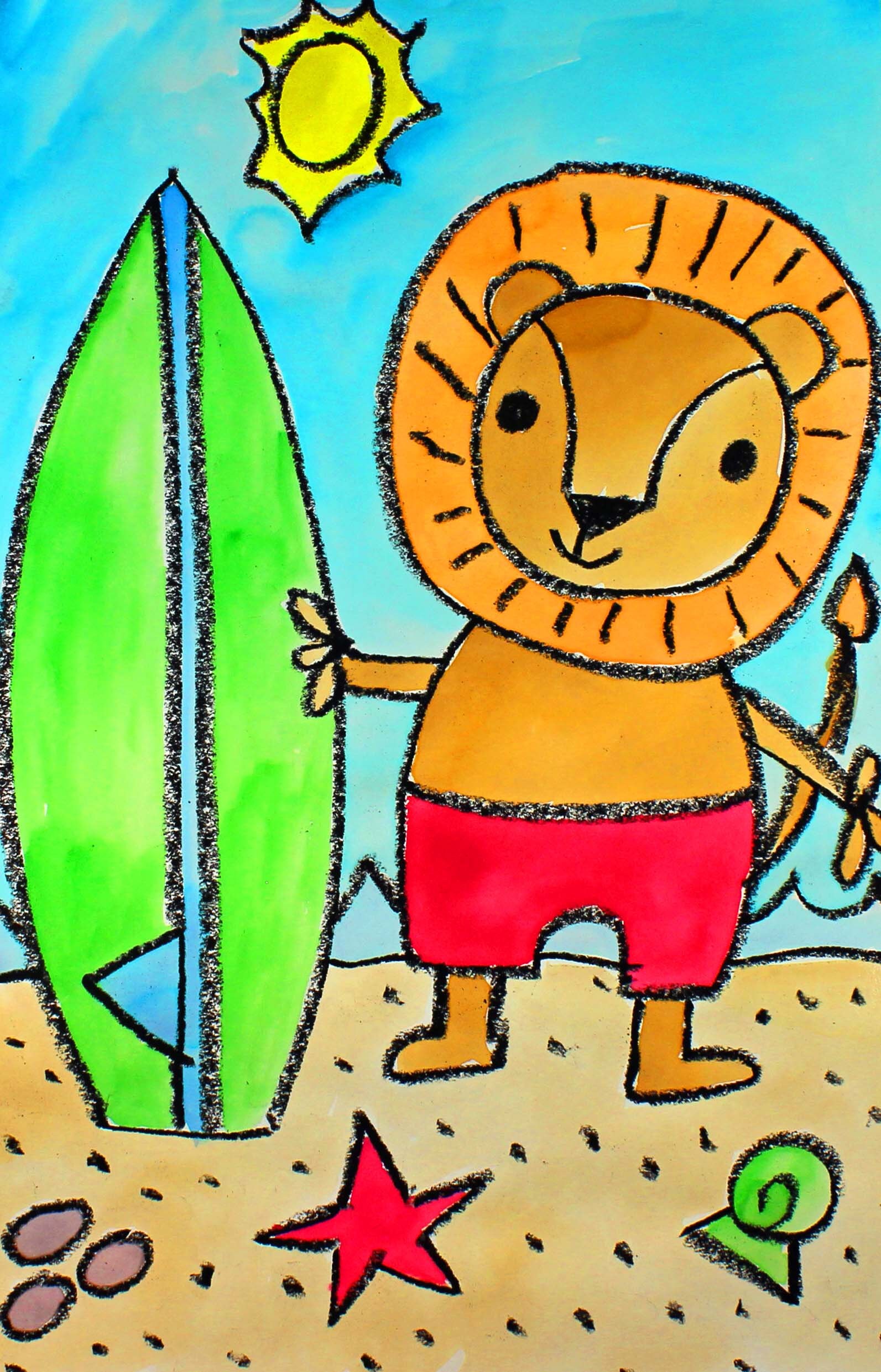 SURFER LION CARTOON Kids Art Lesson Step-by-step Drawing & - Etsy