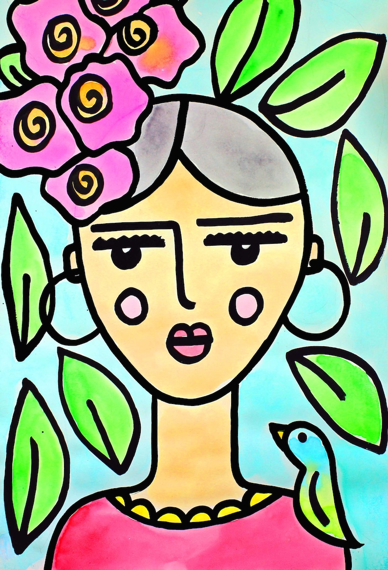 FRIDA KAHLO PORTRAIT Kids Art Lesson Step-by-step Drawing & Watercolor ...