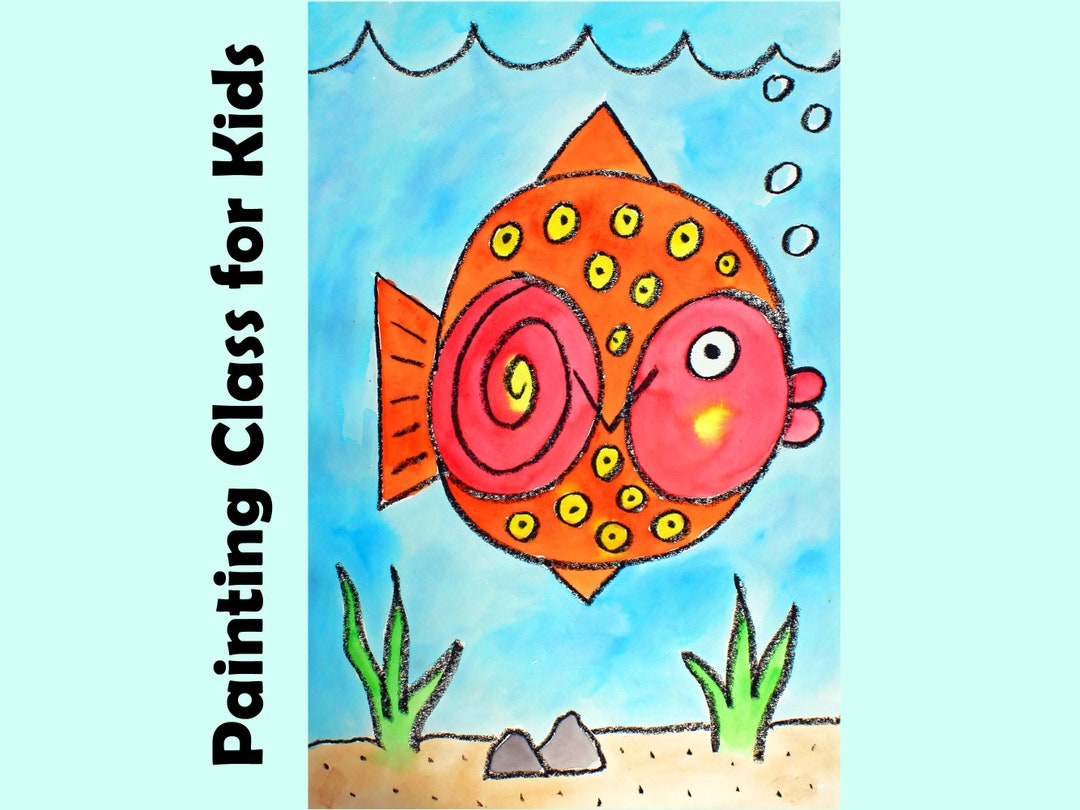 BUBBLY FISH CARTOON Kids Art Lesson Drawing & Watercolor Painting ...
