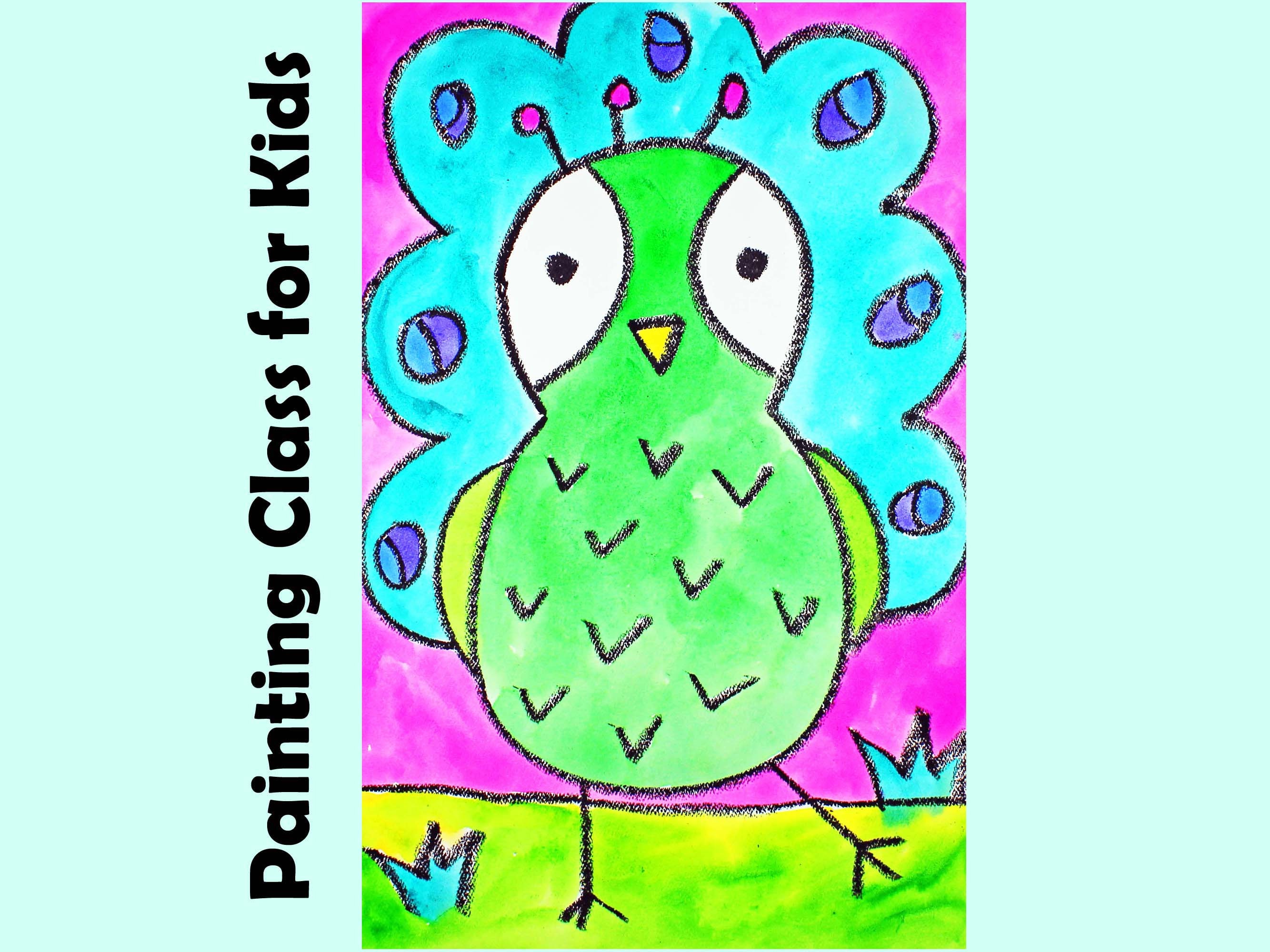 LITTLE PEACOCK Kids Art Lesson Step-by-step Drawing & Watercolor ...