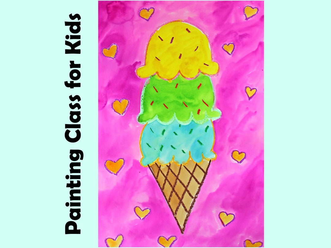 ICE CREAM CONE and Hearts | Kid's Video Art Lesson Drawing & Watercolor ...