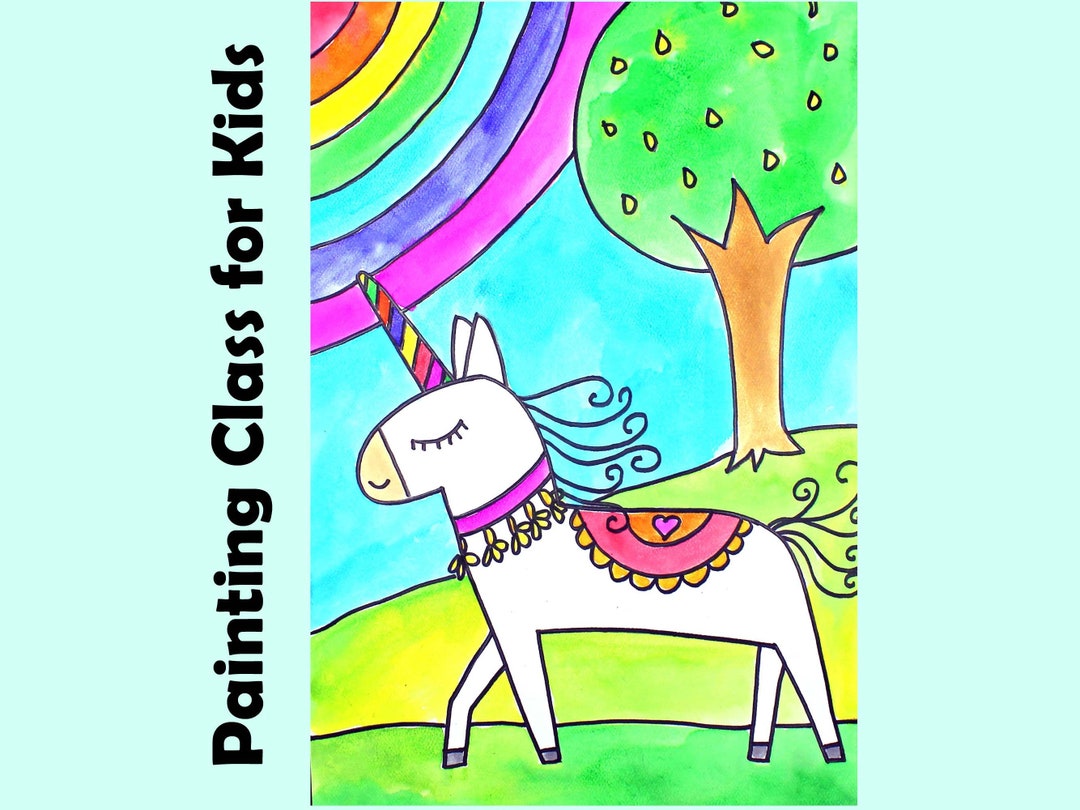 RAINBOW UNICORN Kids Art Lesson Step-by-step Drawing and Watercolor ...