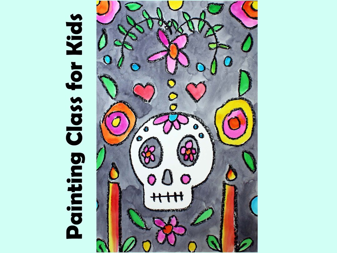 SUGAR SKULL Kids Art Lesson Step-by-step Drawing & Watercolor Painting ...