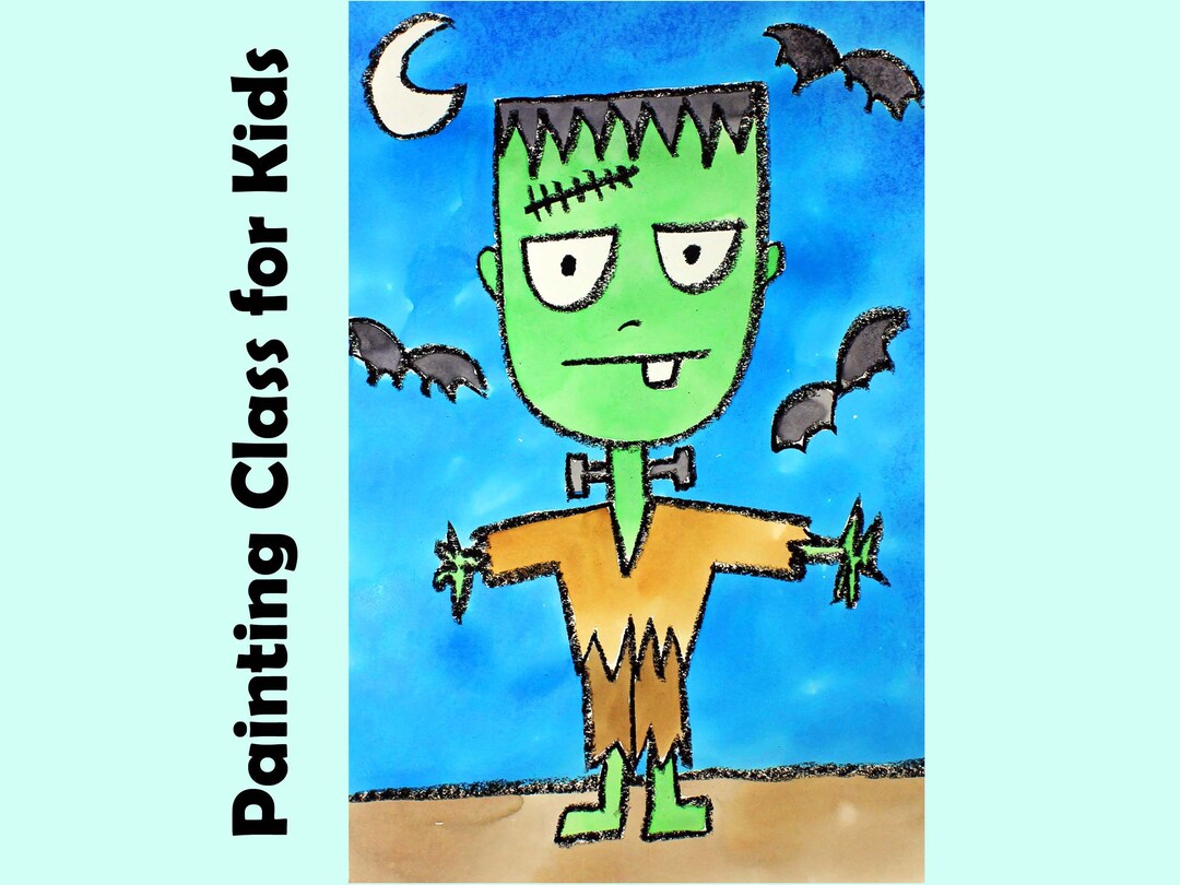 FRANKENSTEIN N' BATS Kids Art Lesson Step-by-step Drawing & Watercolor ...