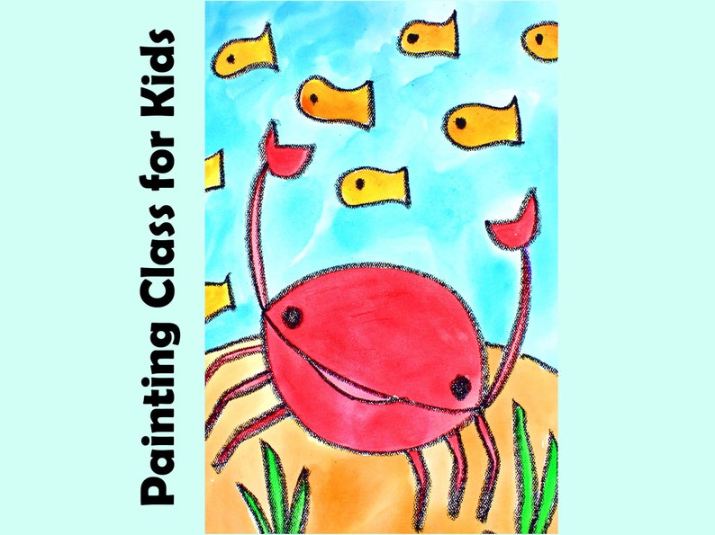 CRAB UNDER the SEA Kids Art Lesson Step-by-step Drawing & Watercolor ...