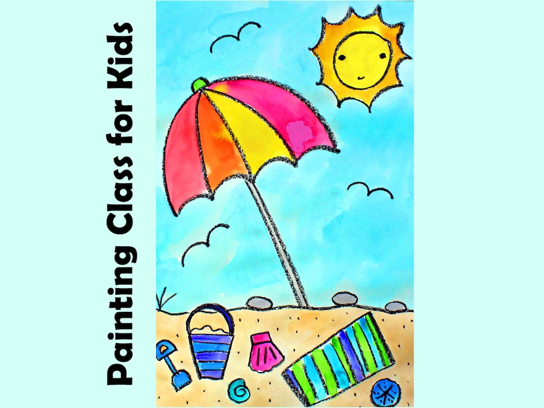 SUMMER BEACH SCENE | Kid's Video Art Lesson | Drawing & Watercolor ...