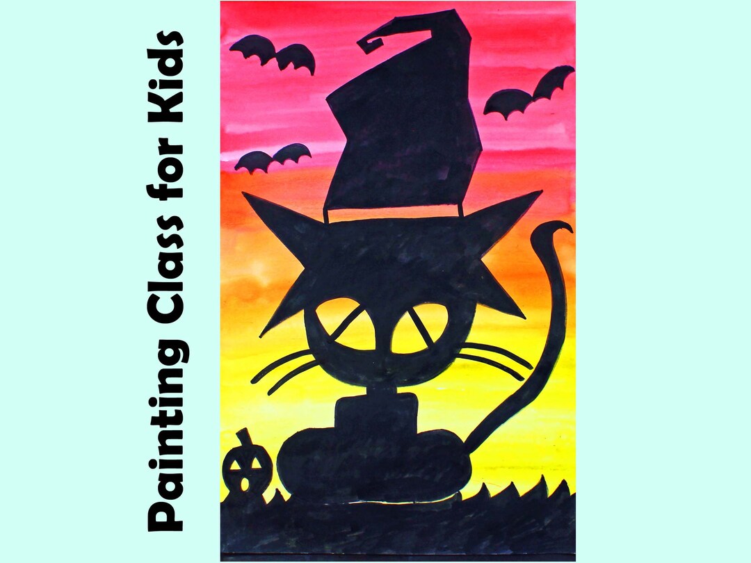 CAT SILHOUETTE Kids Art Lesson Step-by-step Drawing & Watercolor DIY ...