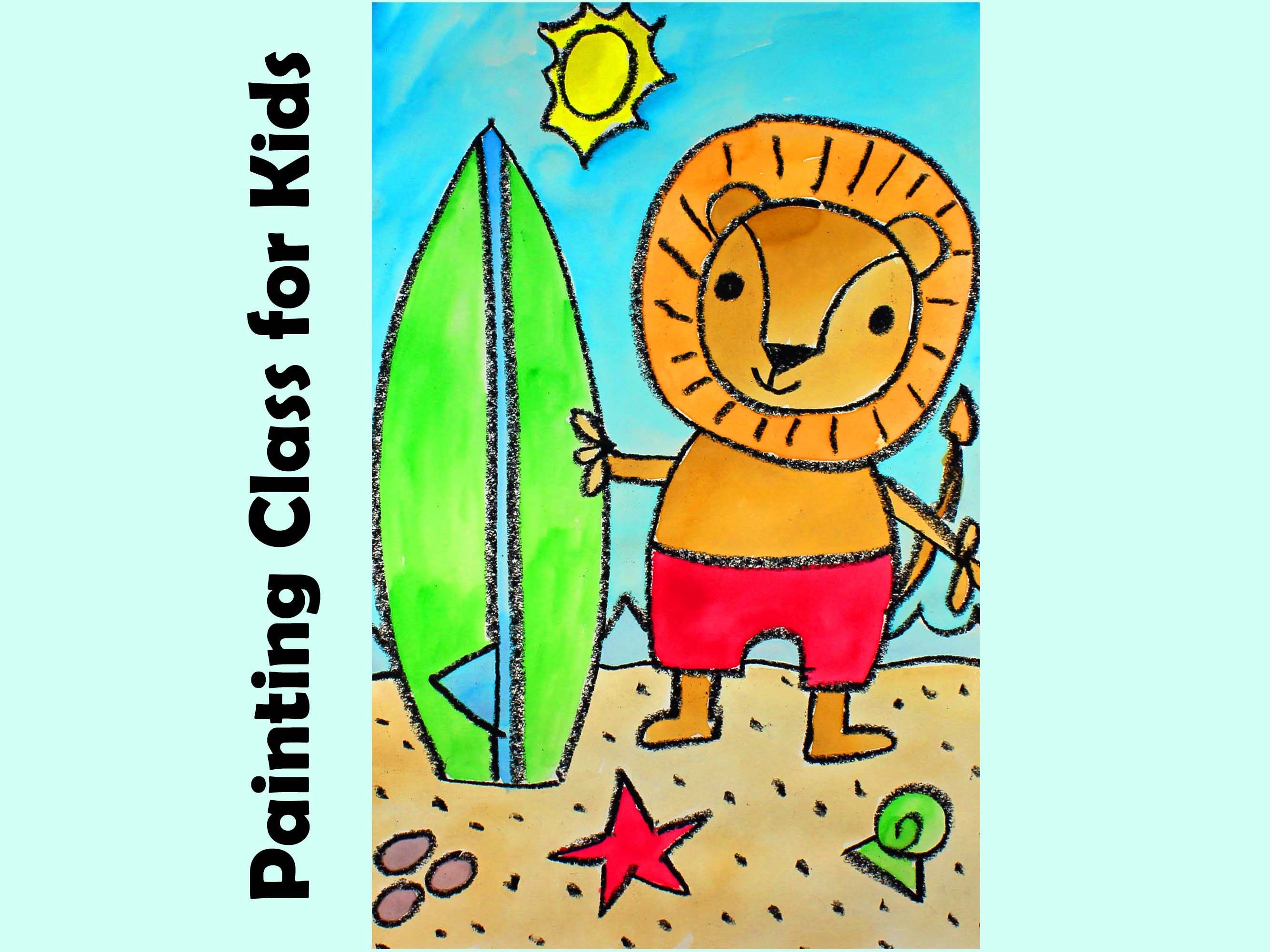 SURFER LION CARTOON | Kids Art Lesson Step-by-step Drawing & Watercolor ...