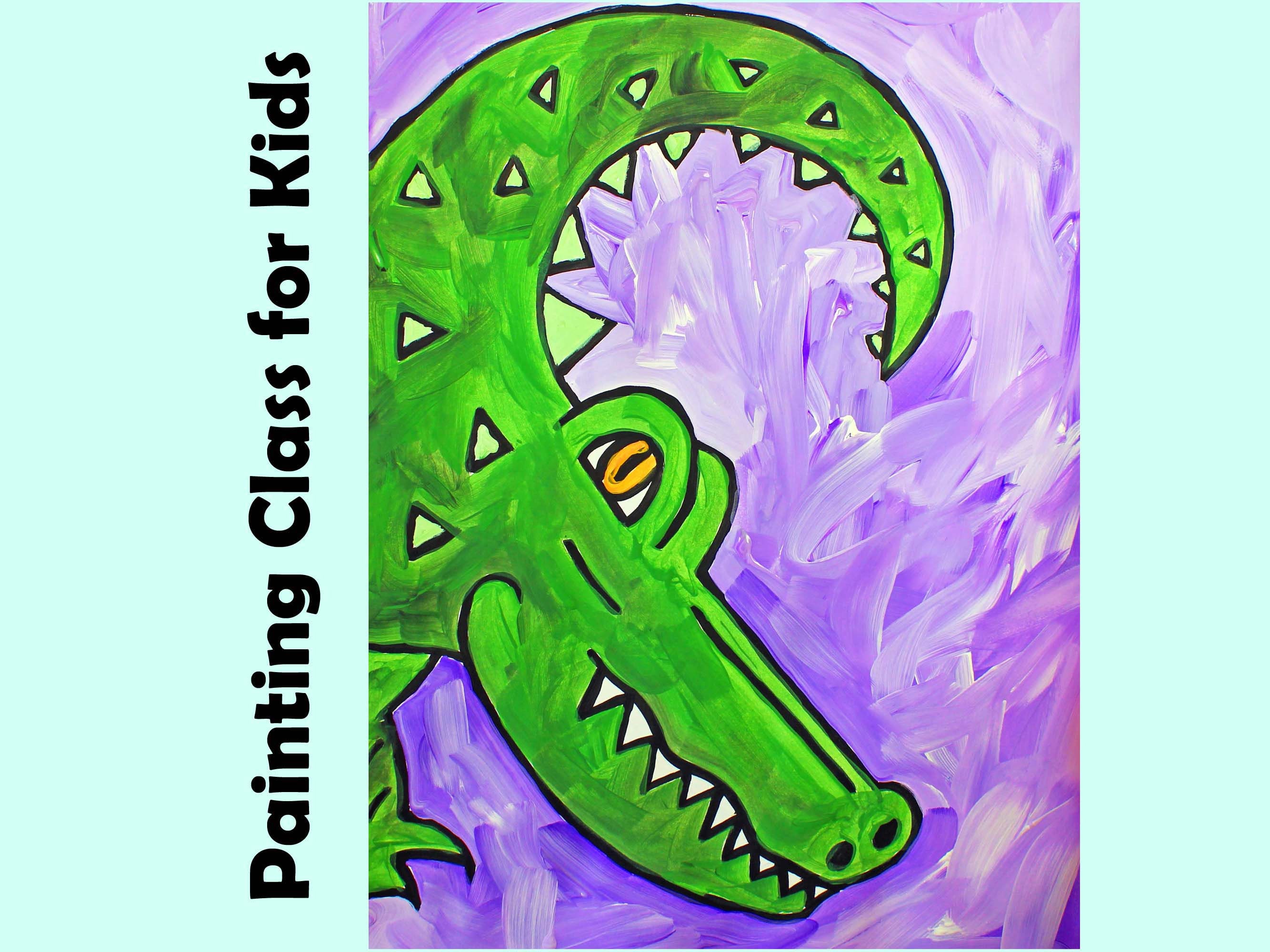 ALLIGATOR EASY Kids Art Lesson Step-by-step Drawing & Acrylic Painting ...