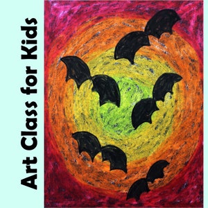 SUNSET BATS for HALLOWEEN | Kids Art Lesson Drawing & Oil Pastel ...