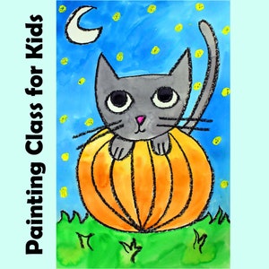 HALLOWEEN CAT & PUMPKIN | Kid's Video Art Lesson | Drawing and Painting ...