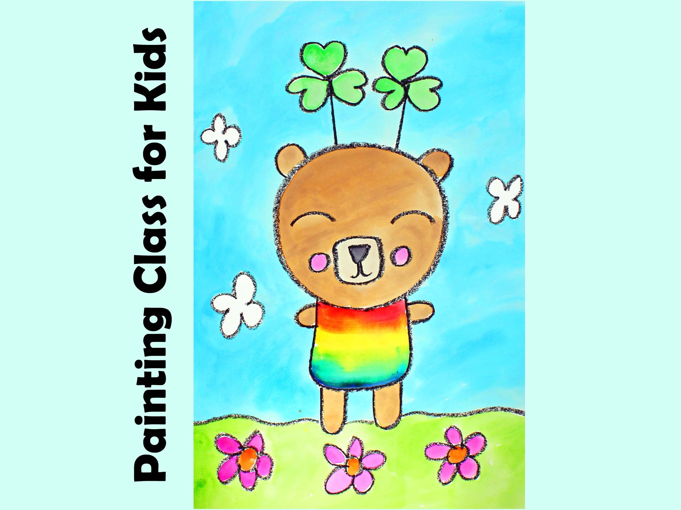 RAINBOW SHAMROCK BEAR | Kids Art Lesson Drawing & Watercolor Painting ...