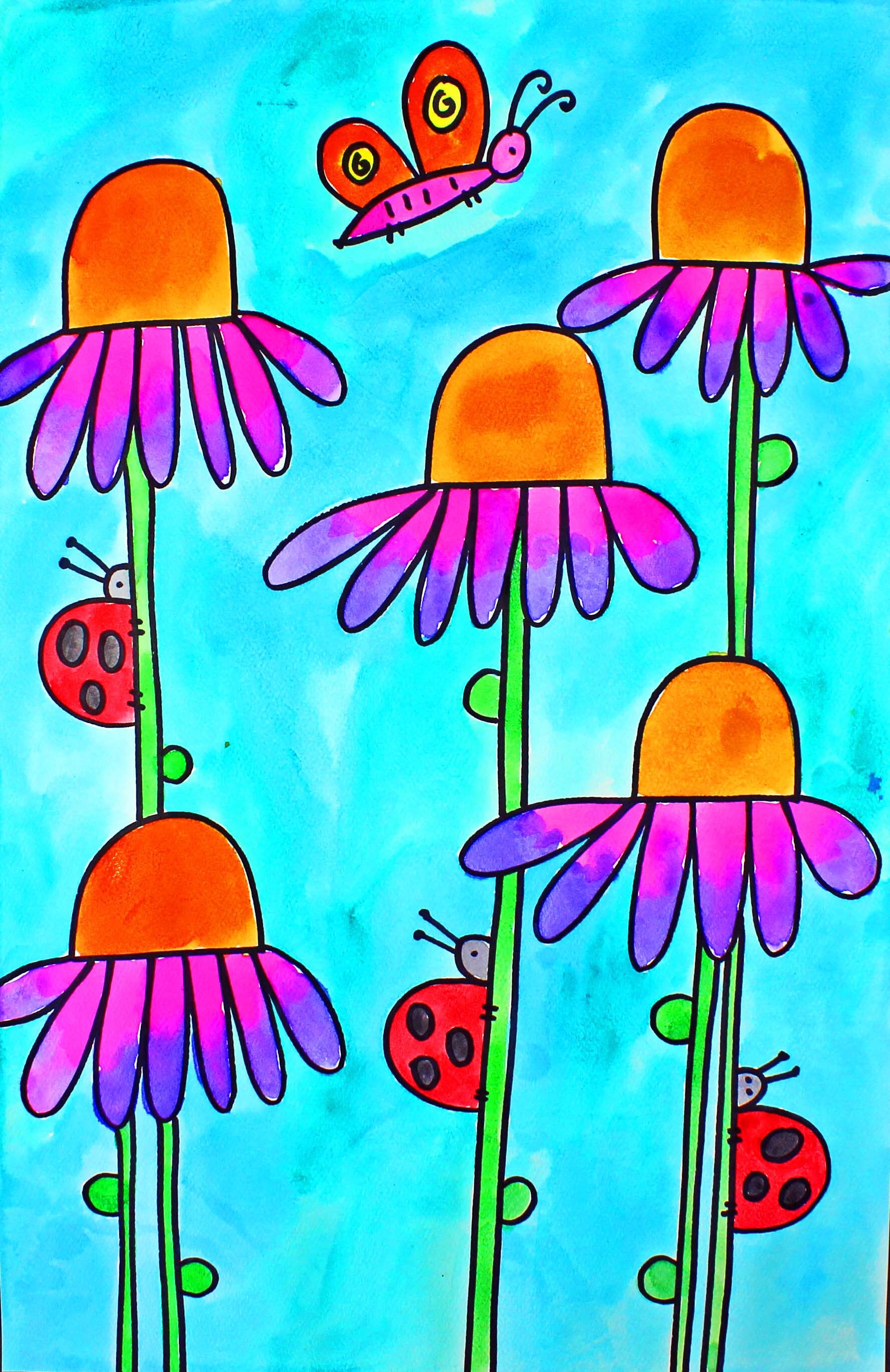 LADYBUG GARDEN Kids Art Lesson Step-by-step Drawing and Watercolor ...