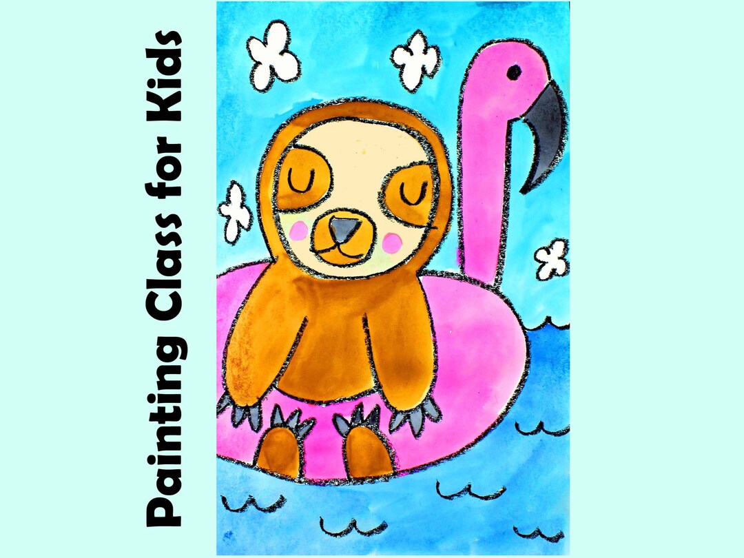 SLOTH in a FLAMINGO FLOATIE Kids Art Lesson Drawing & Watercolor ...