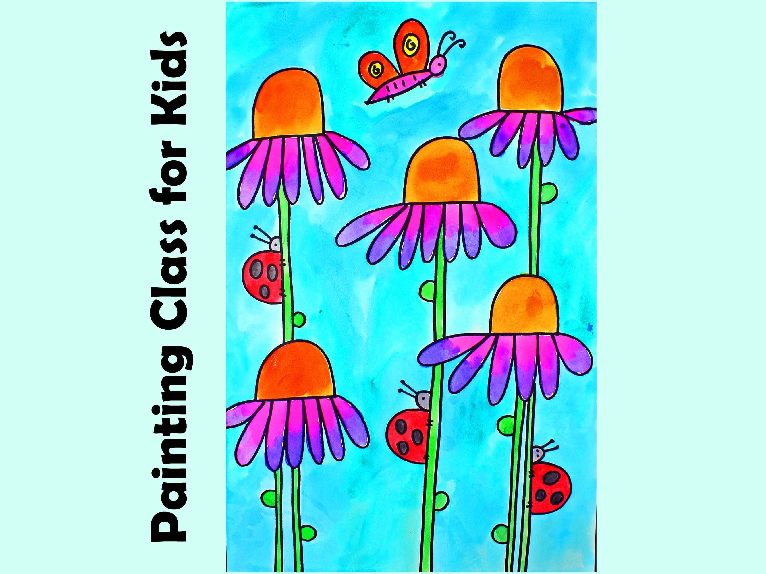 LADYBUG GARDEN Kids Art Lesson Step-by-step Drawing and Watercolor ...