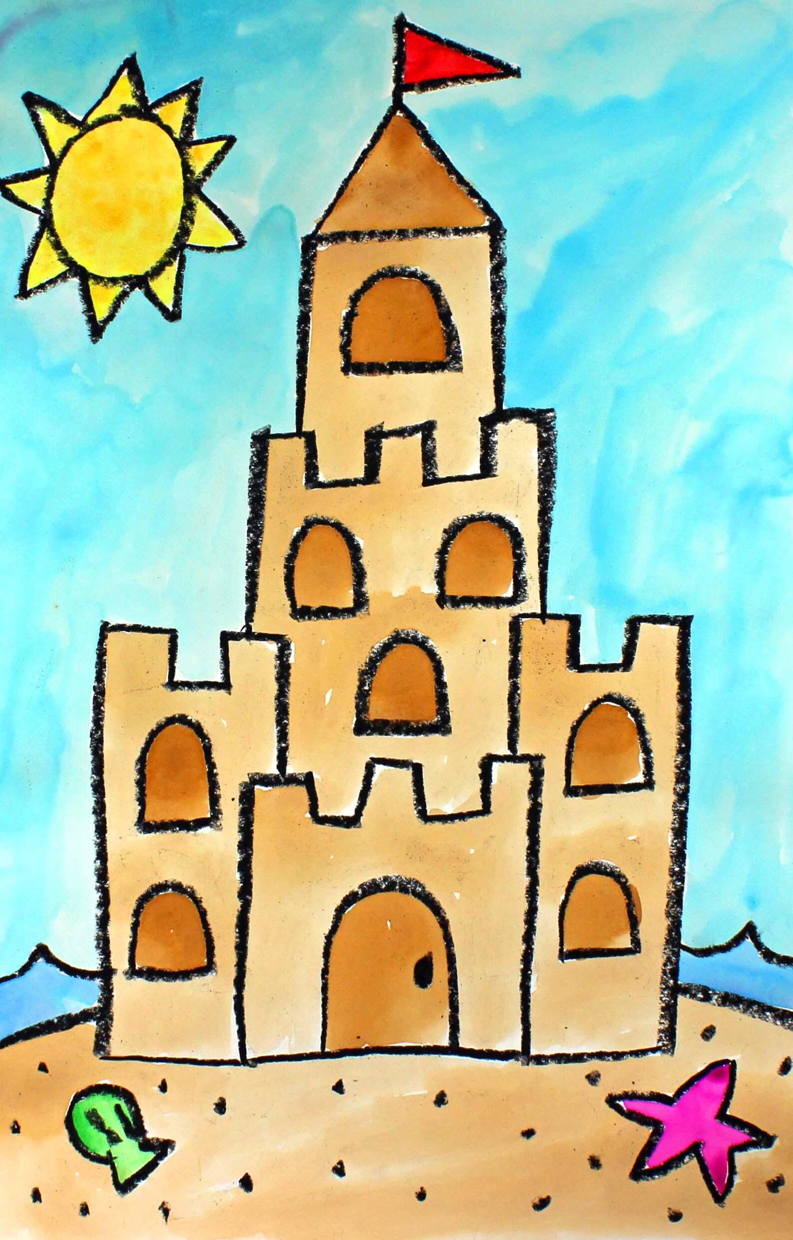 SAND CASTLE at the BEACH | Kid's Video Art Lesson | Drawing ...