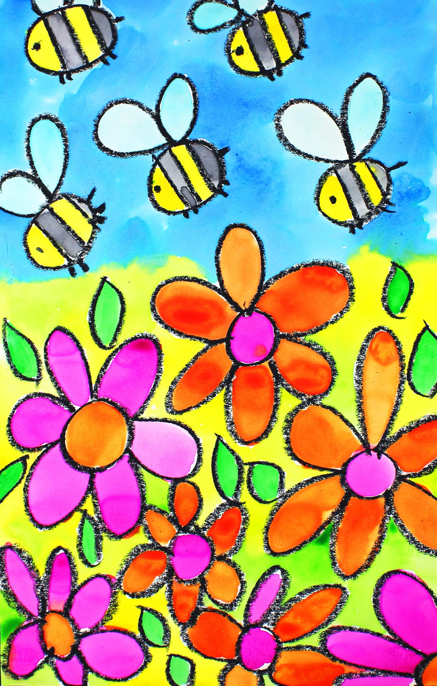 BEES in the GARDEN Kids Art Lesson Step-by-step Drawing & Watercolor ...