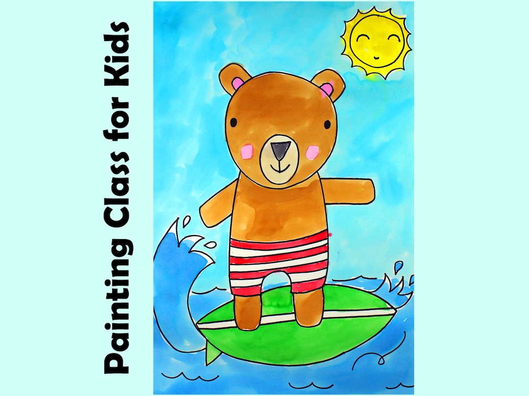 SURFING BEAR Kids Art Lesson Step-by-step Drawing & Watercolor Painting ...