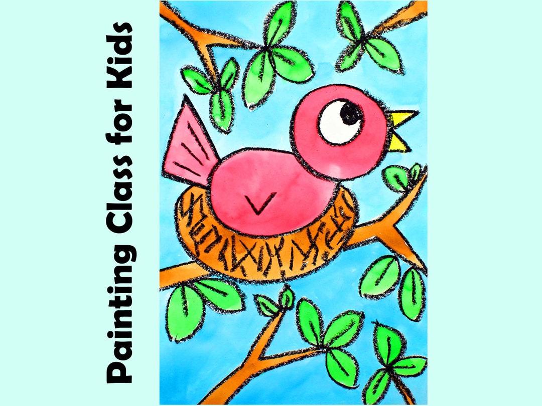 BABY BIRD in a NEST Kids Art Lesson Step-by-step Drawing & Watercolor ...