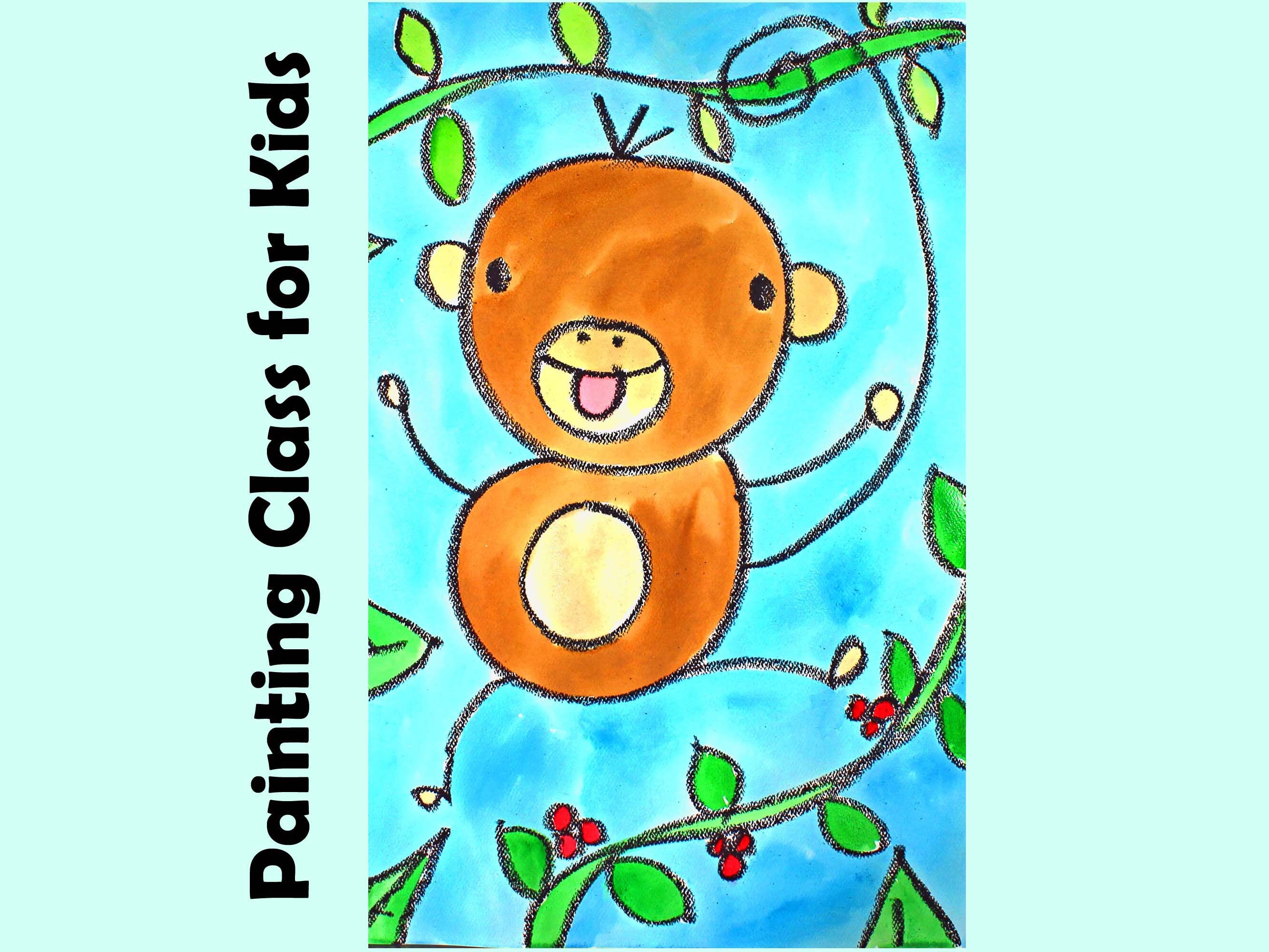 JUNGLE MONKEY Kids Art Lesson Step-by-step Drawing & Watercolor ...