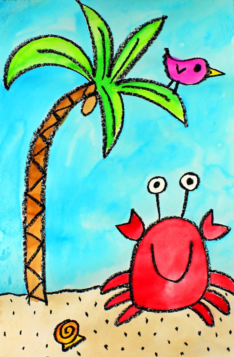 BEACH CRAB CARTOON Kids Art Lesson Step-by-step Drawing & Watercolor ...