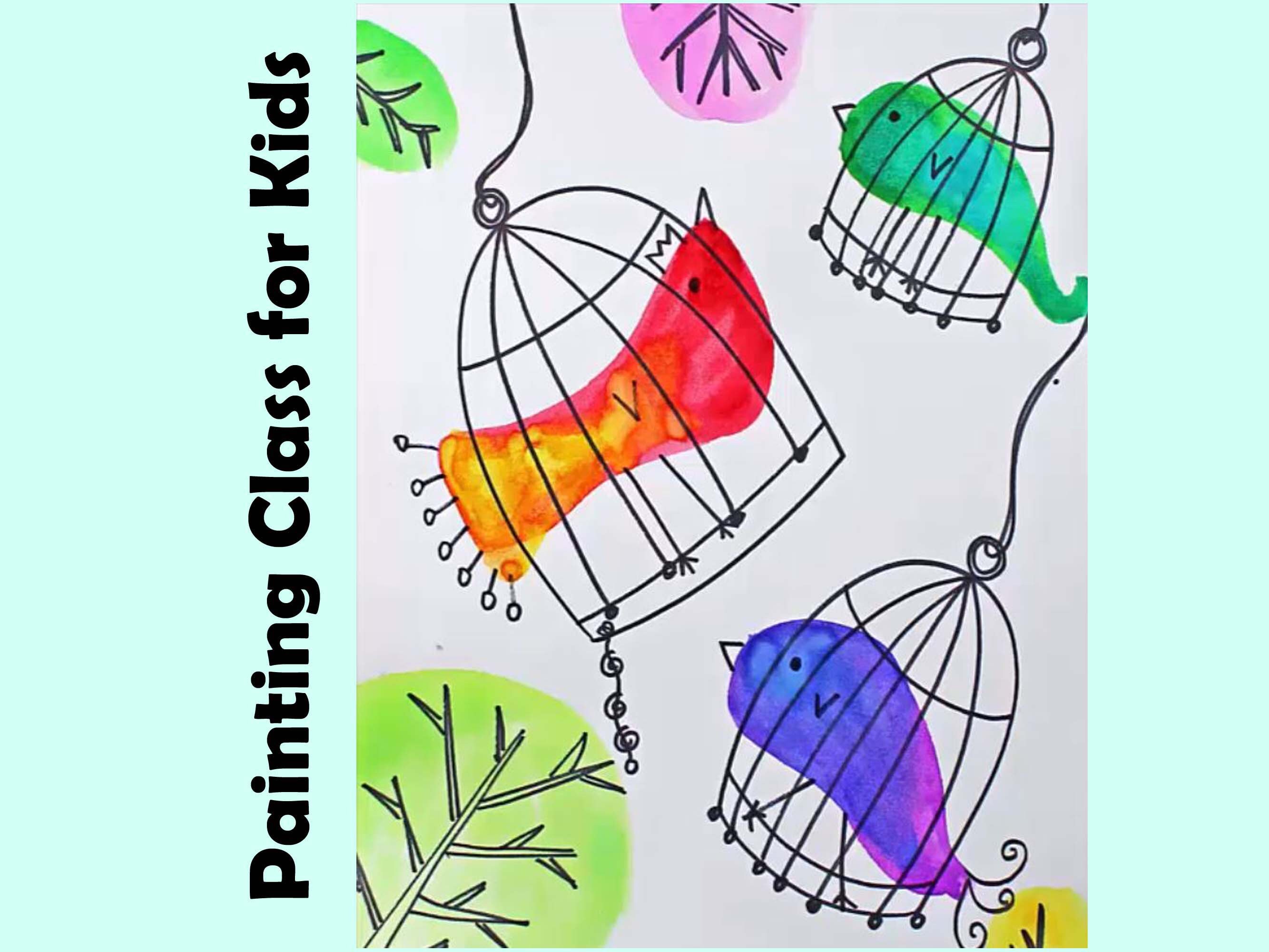 BIRDS IN BIRDCAGES | Kids Art Lesson Step-by-step Drawing & Watercolor ...