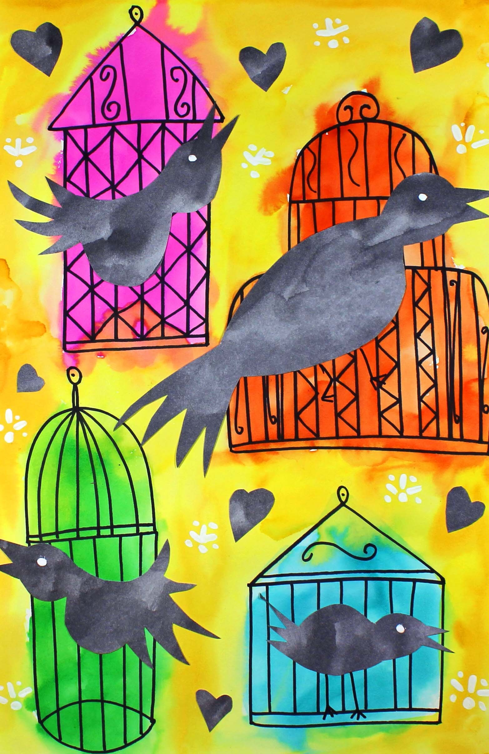 BIRDS in BIRDCAGES Kids Art Lesson Step-by-step Drawing, Painting ...