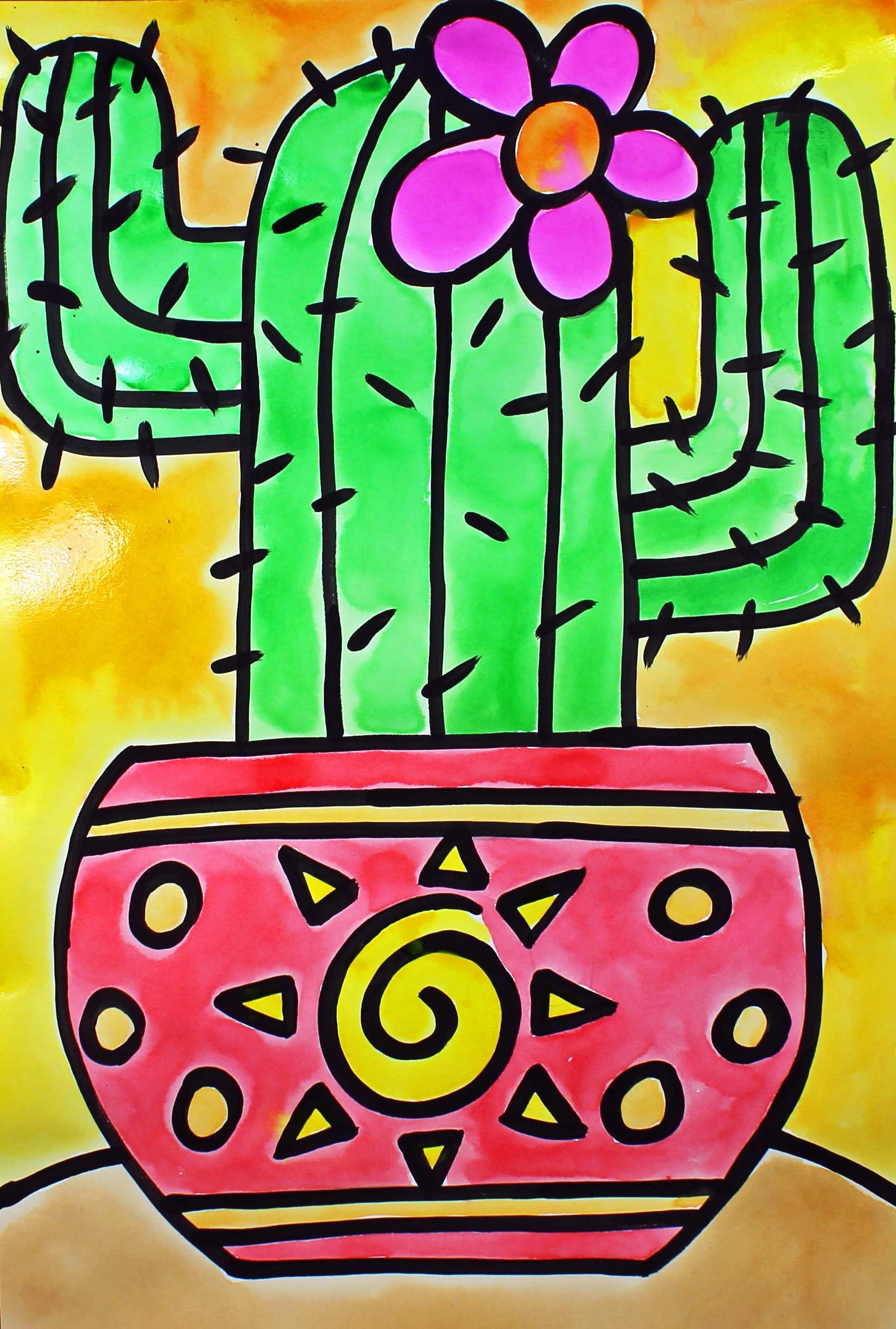 CACTUS in a SUN POT Kids Art Lesson Step-by-step Drawing and Painting ...
