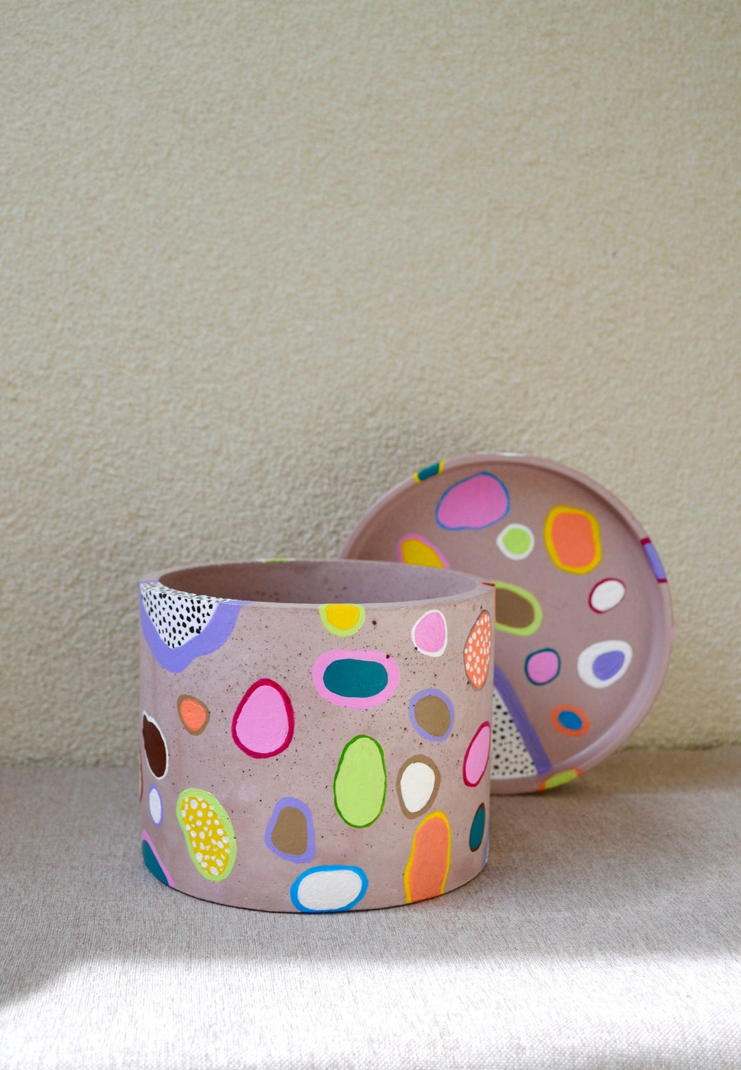 Hand Painted Concrete Planter, Textured Art Plant Pot With Drainage ...