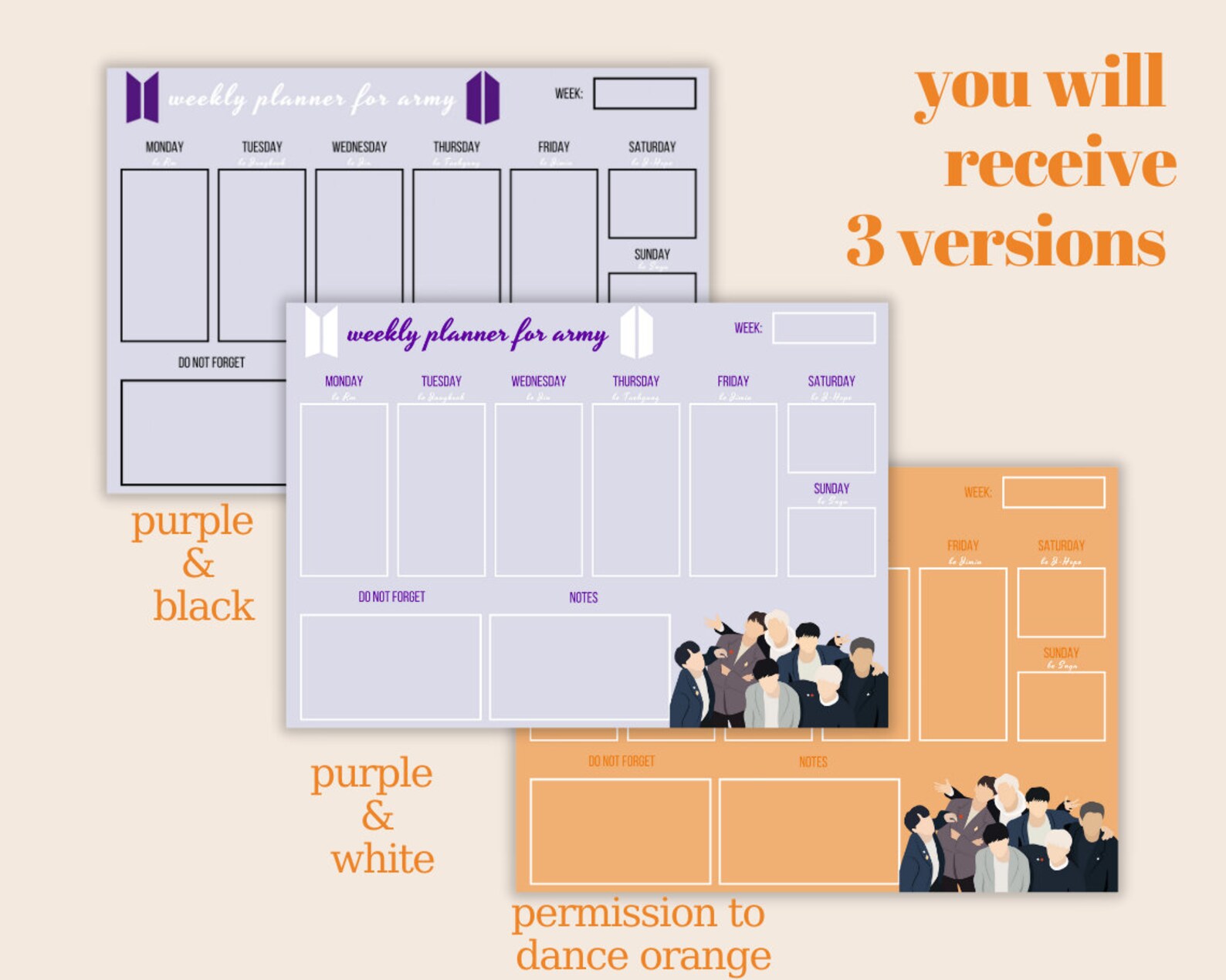BTS Weekly Planner, BTS Illustrated Planner, Downloadable and Printable ...