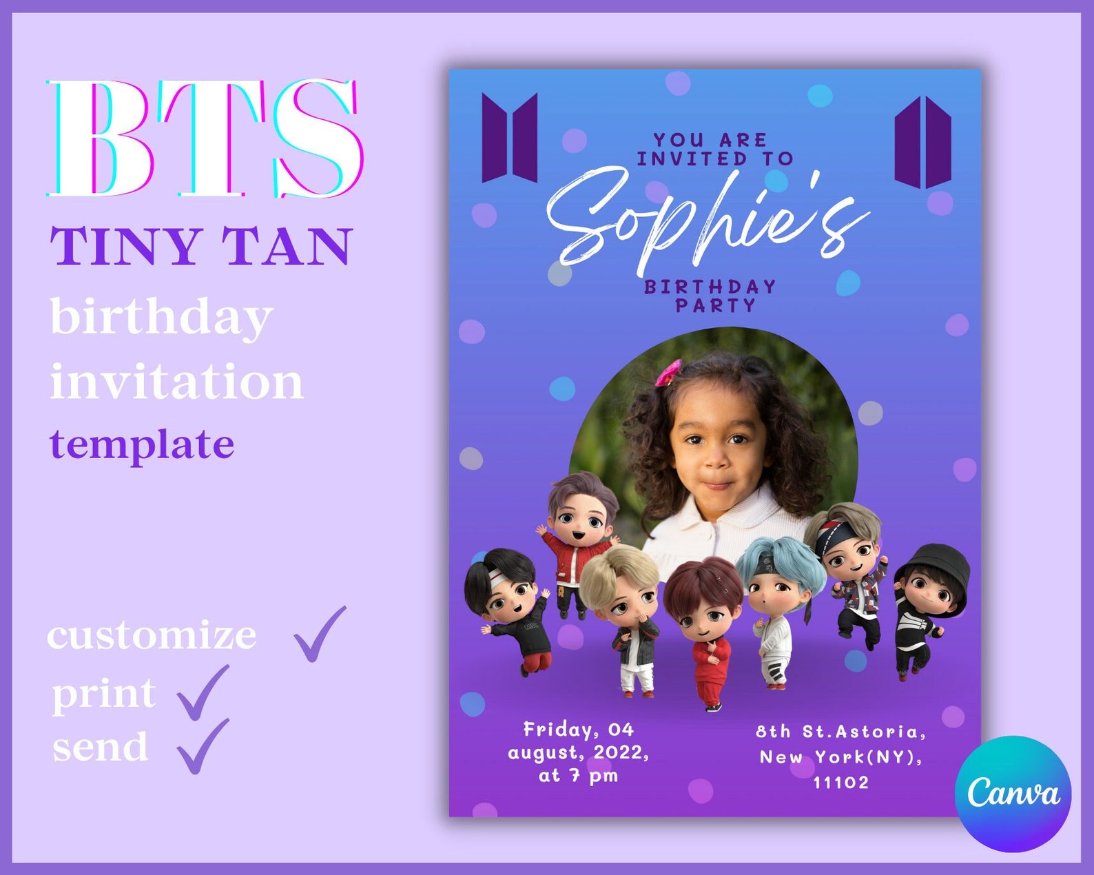 BTS Tiny Tan Party Invitation Template, Canva Template, BTS Party ...