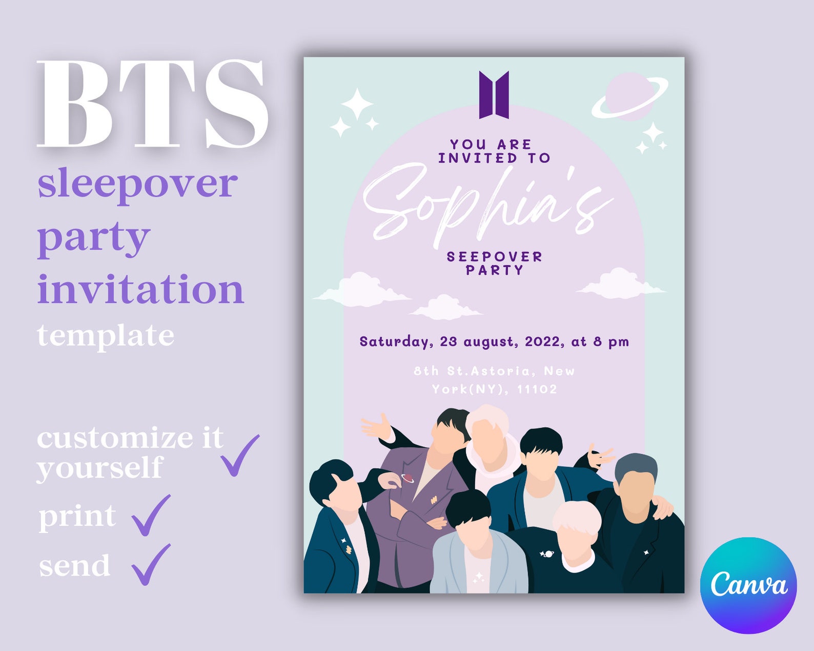 BTS Sleepover Party Invitation, Canva Template, Sleepover Party ...