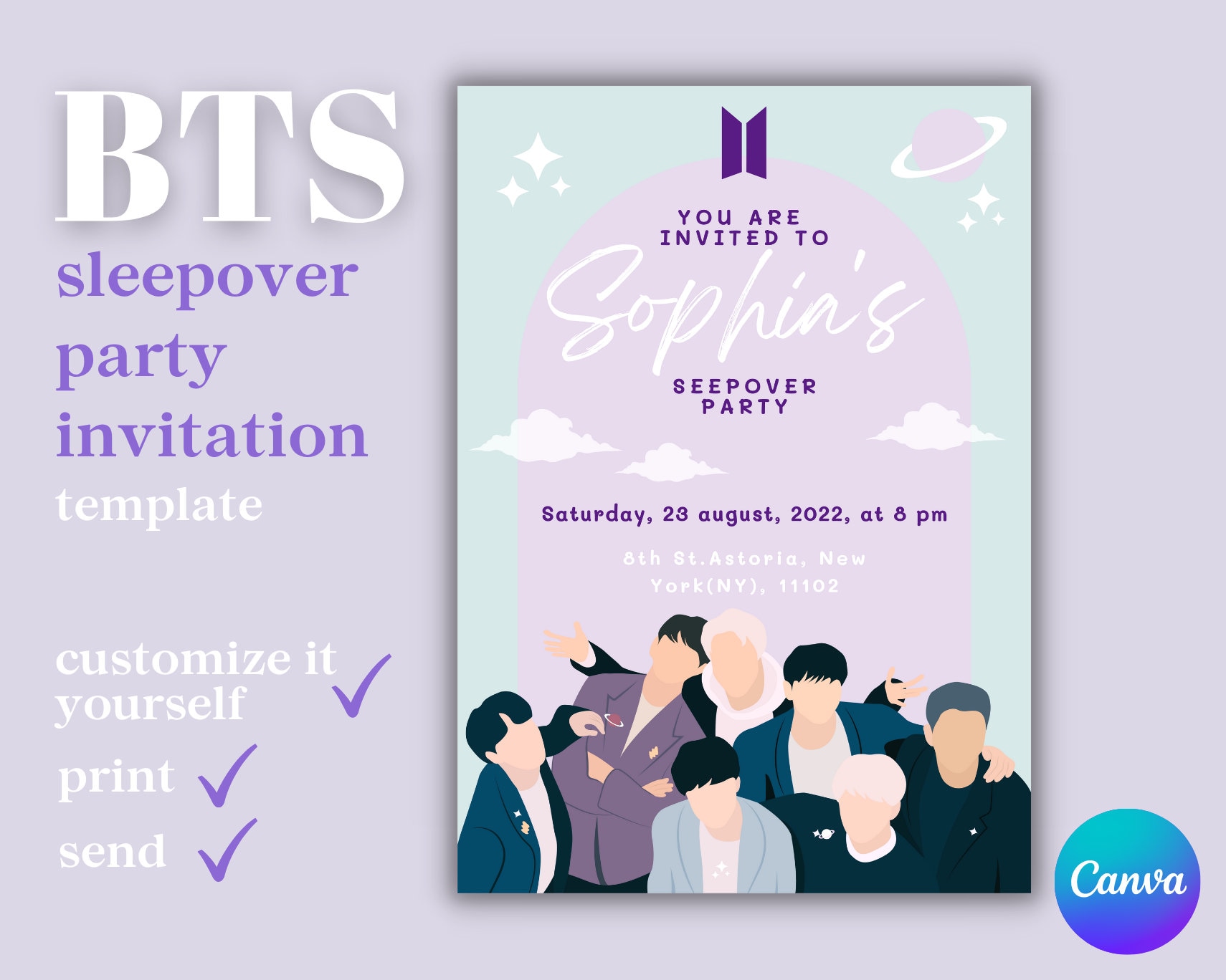 BTS Sleepover Party Invitation, Canva Template, Sleepover Party ...