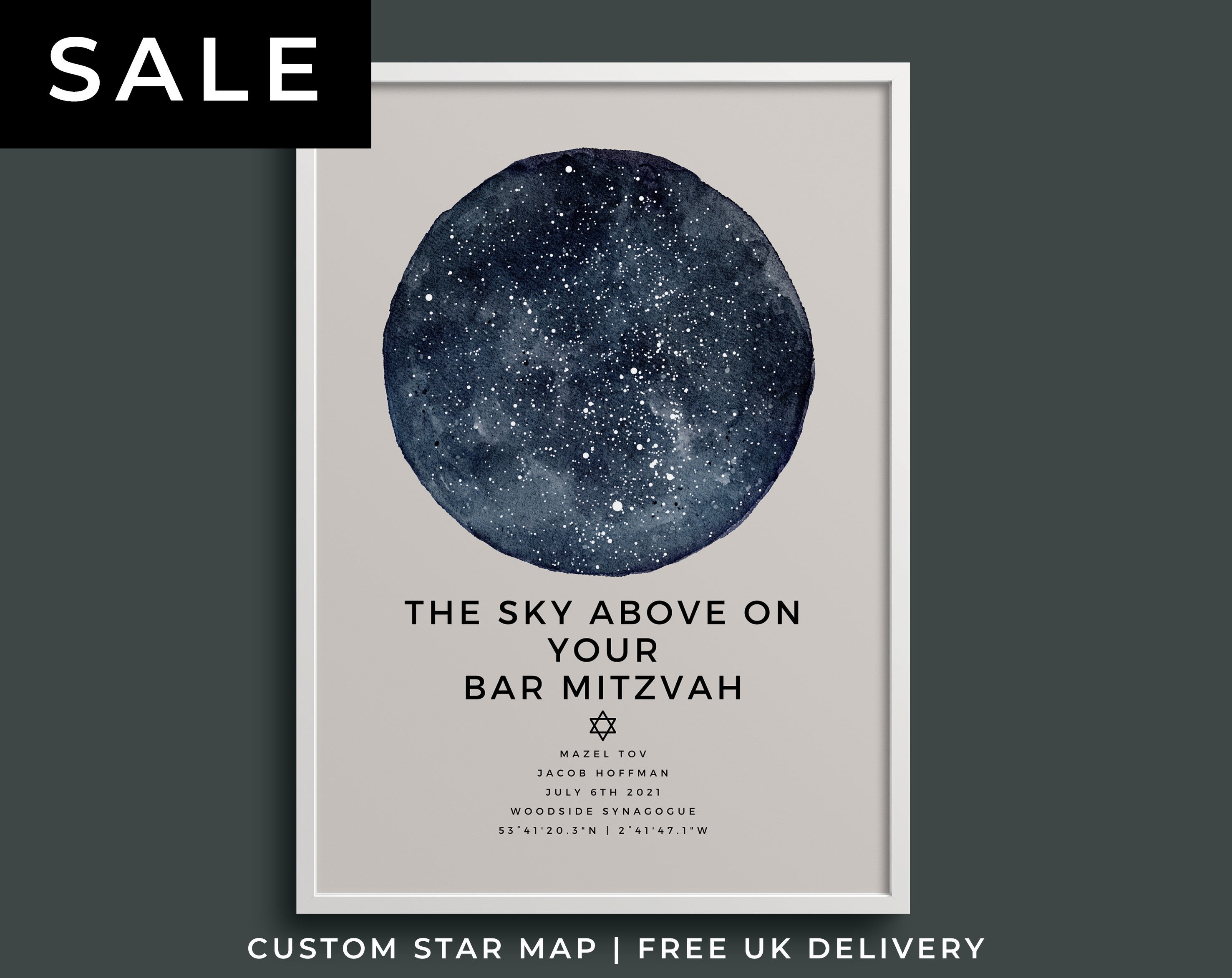 Bar Mitzvah, Mazel Tov, Custom Star Map Print, Star of David Gift for ...