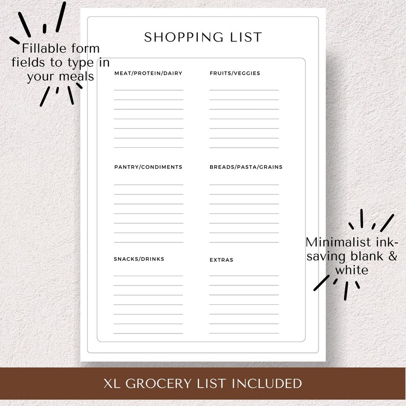 Simple Weekly Meal Planner Printable and Fillable, BONUS XL Shopping ...
