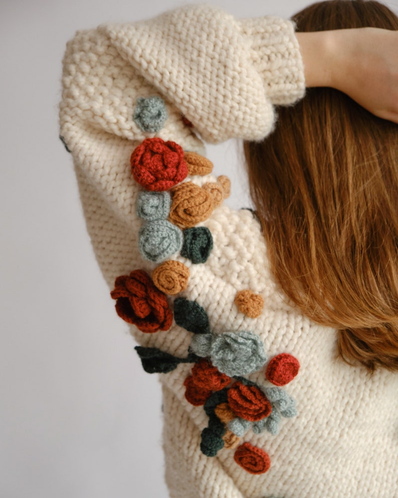 Handmade Knit Cardigan Chunky Embroidered Cardigan Cropped | Etsy