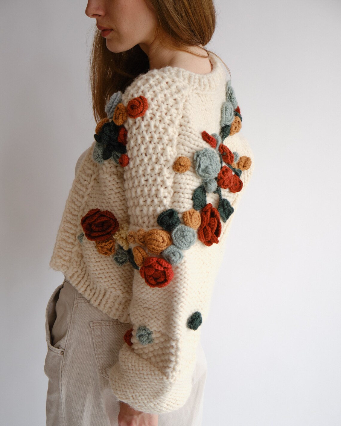 Handmade Knit Cardigan Chunky Embroidered Cardigan Cropped | Etsy